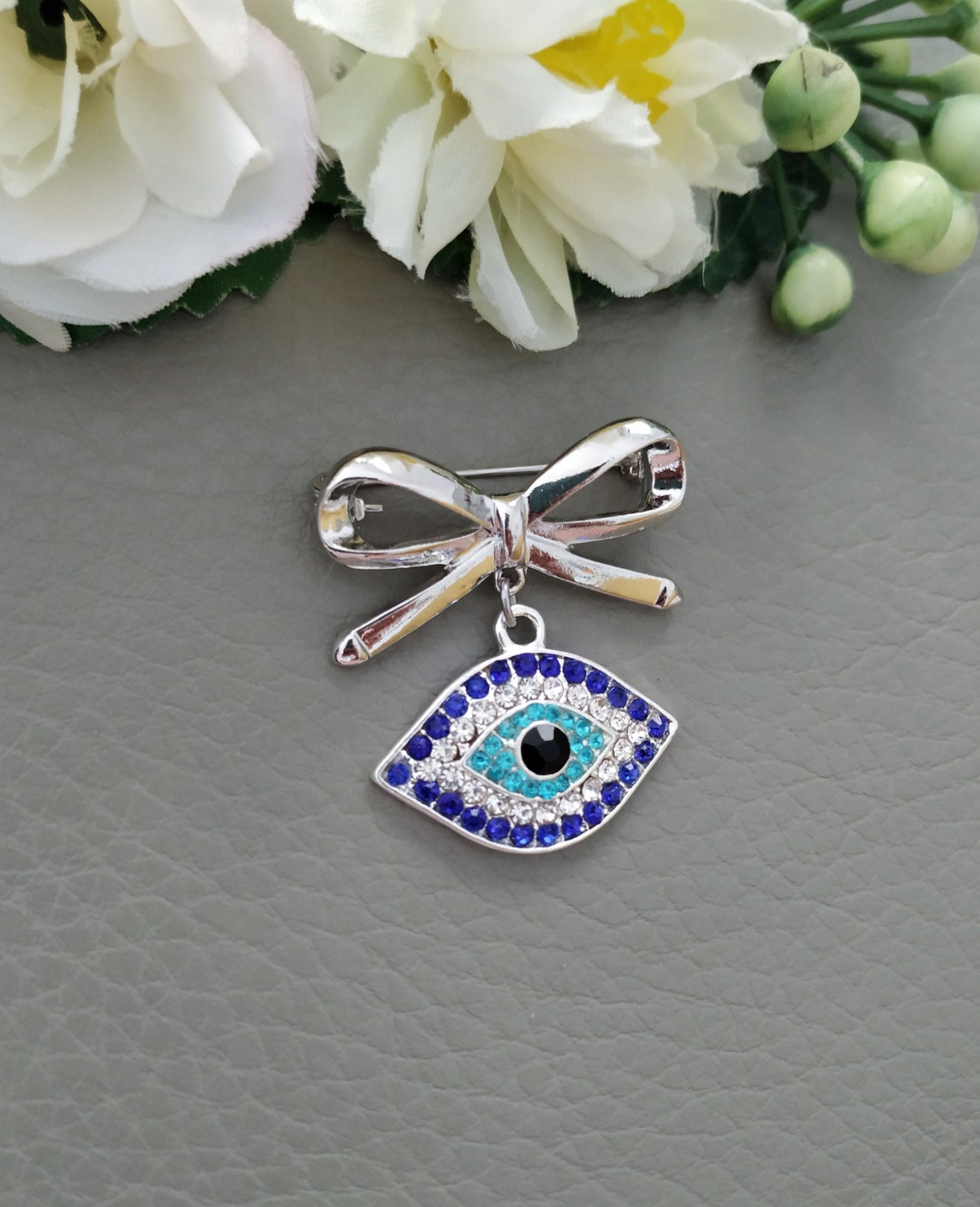 Bow Knot Silver Crystal Evil Eye Pin Brooch Blue Ojo Wedding - Etsy India