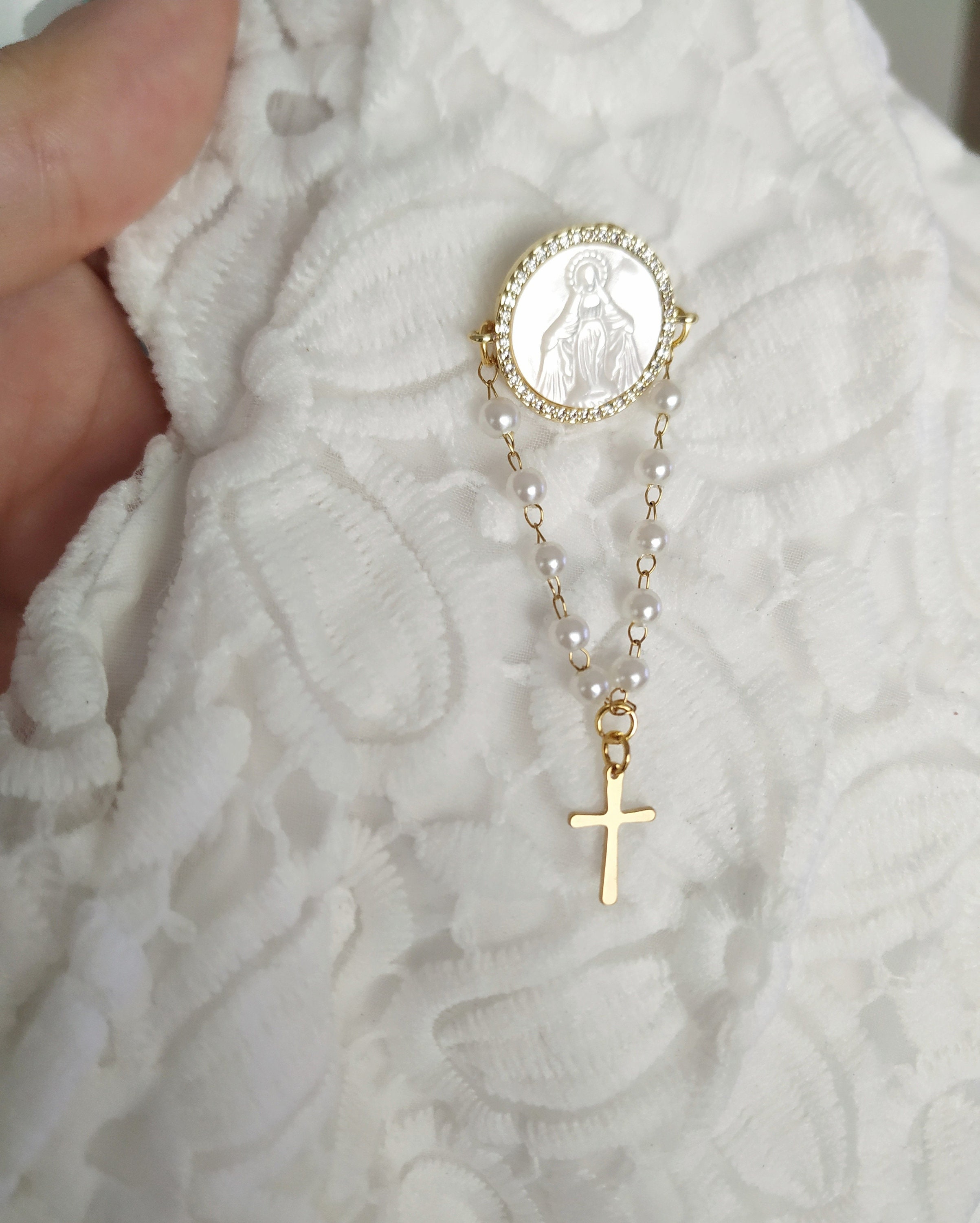 Elegant Baptism Rosary Pin Brooch Carved Mother of Pearl - Etsy