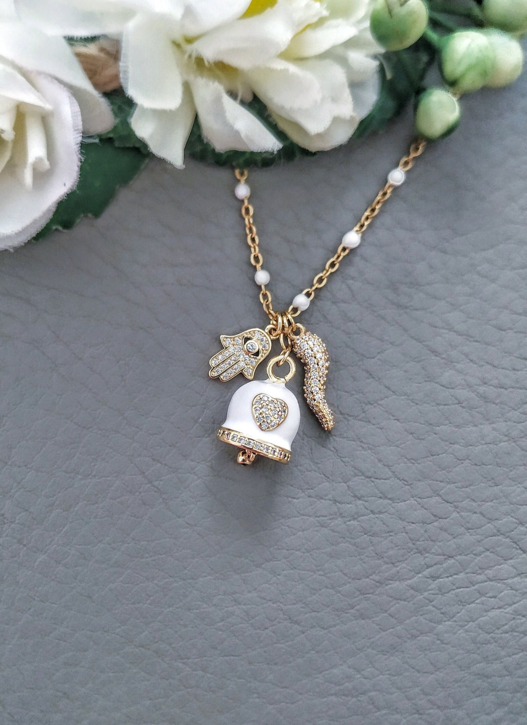 Italian Malocchio Necklace, Golden Cornicello Bell Charms, Nonna ...