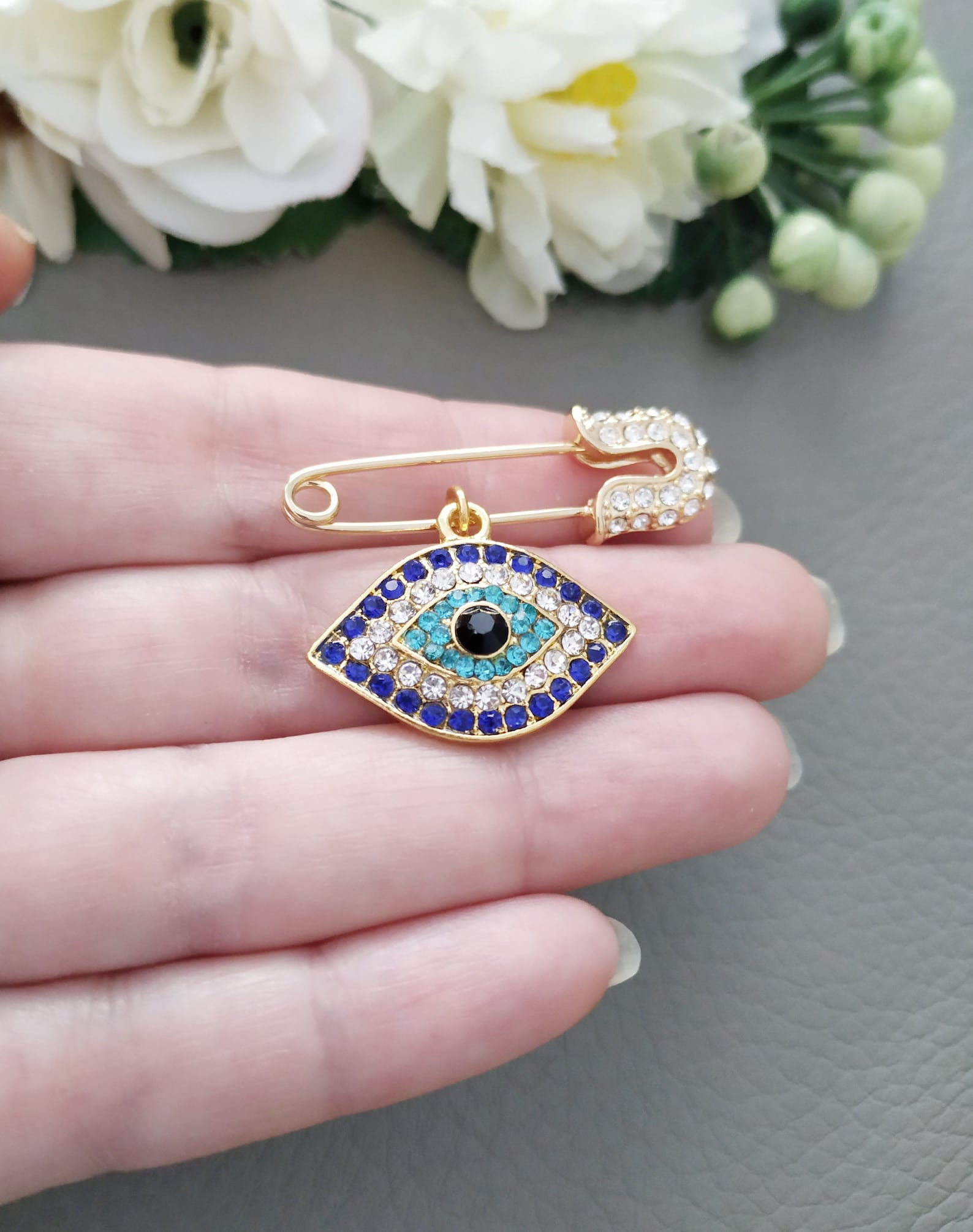 Evil Eye Diamante Safety Pin Brooch Gift Jewelry in Gold or | Etsy