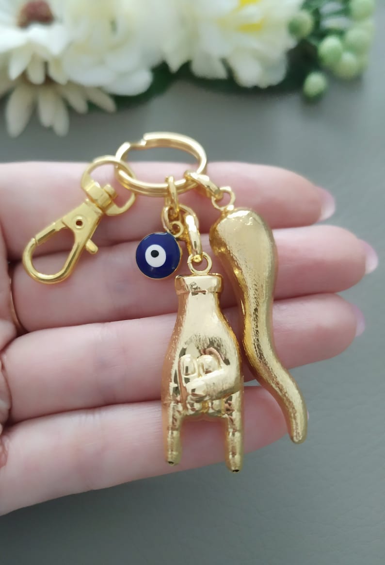 Italian Horn Keychain, Gold Maloik Hand, Mano Cornuto Bag Charm, Lucky ...