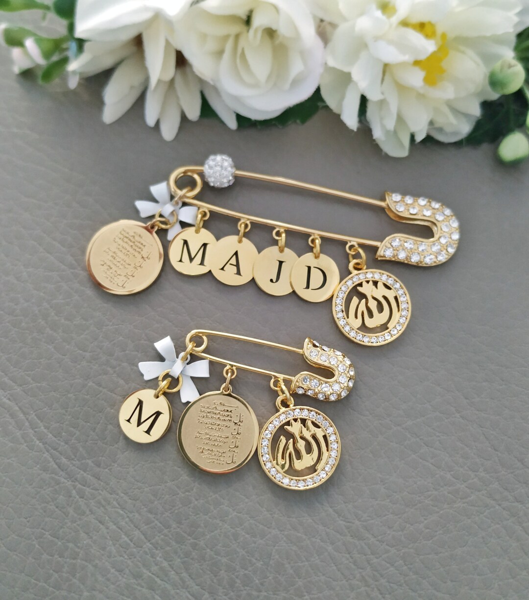 Personalized 4 Qul Ayatul Kursi Allah Pink Blue Diamante Baby Pins ...