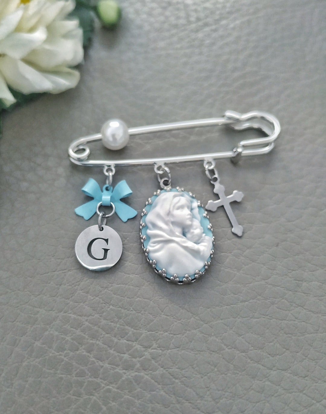Custom Baby Pin With Virgin Mary, Baptism Brooch Platinum Plated ...