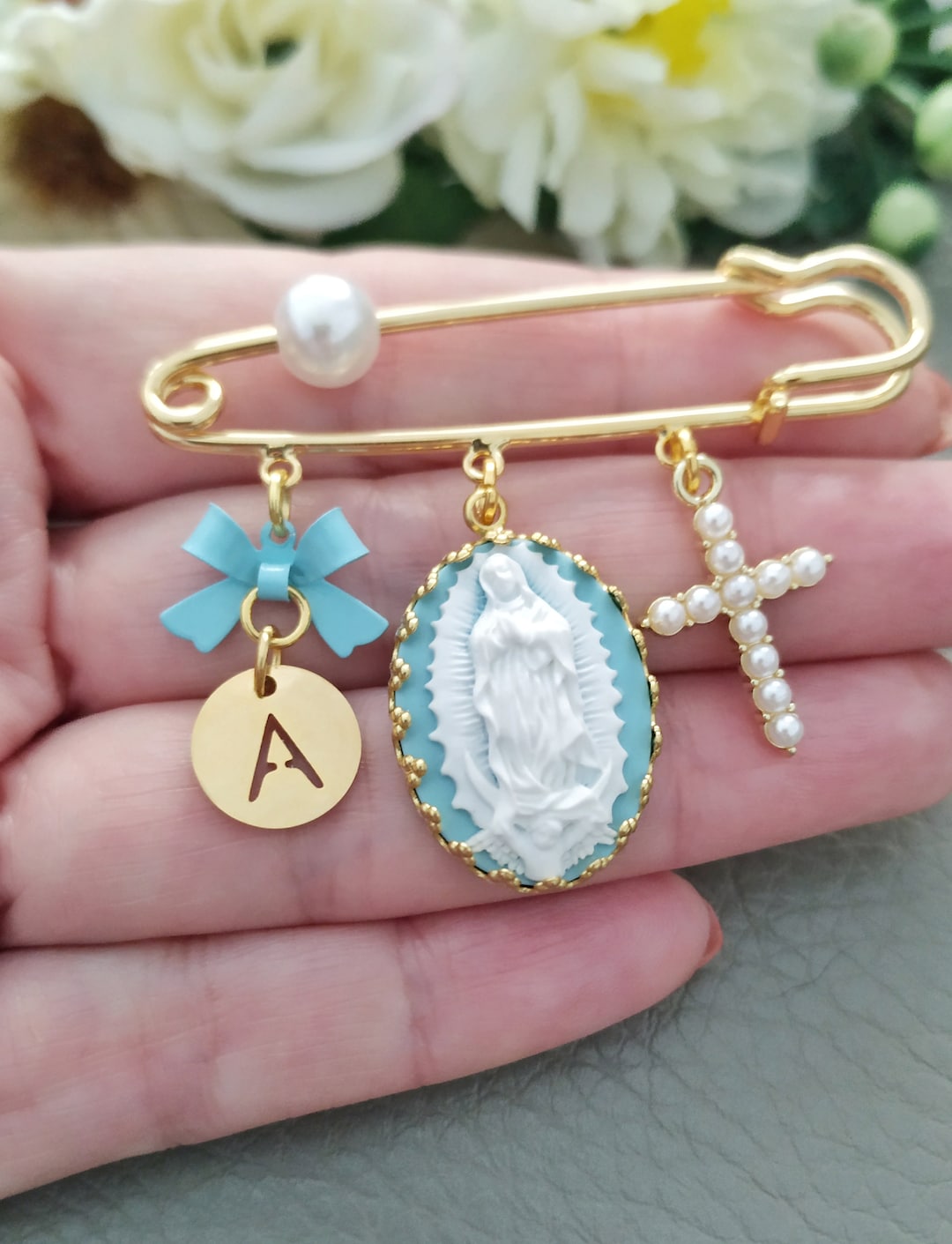 Catholic Patron Saint Brooch, Virgin Mary Baby Pins, Personalized Gold ...