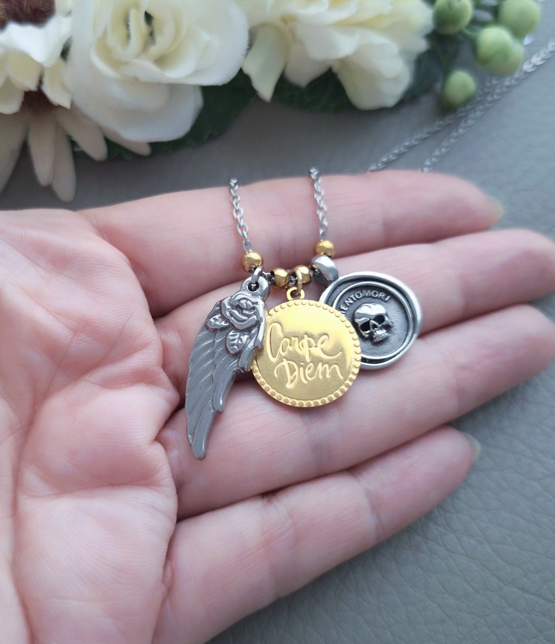 3 Pendants Memento Mori Necklace, Carpe Diem Charms, Gold Steel Chain ...