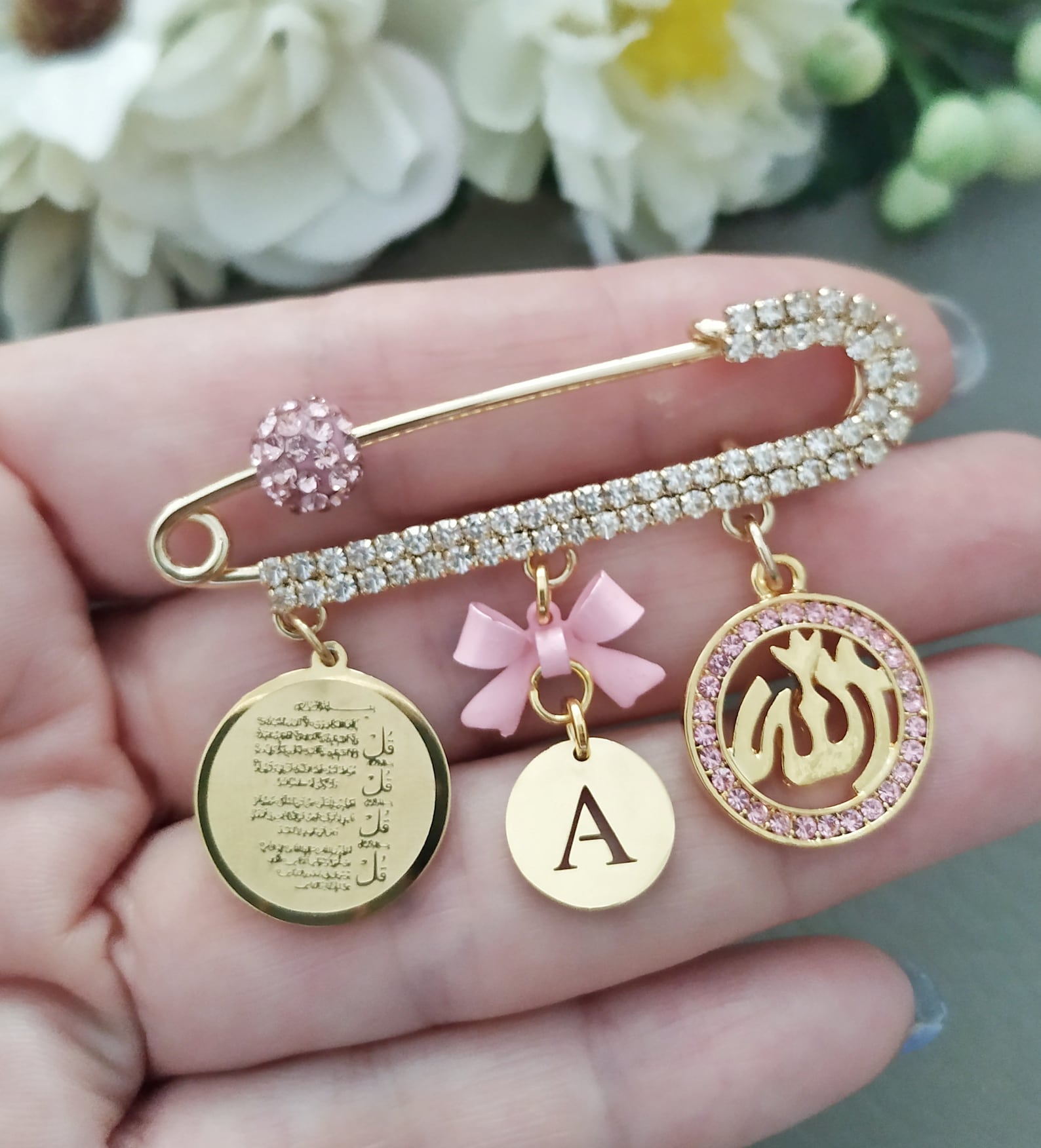Personalized 4 Qul Ayatul Kursi Allah Pink Blue Diamante Baby Pins ...