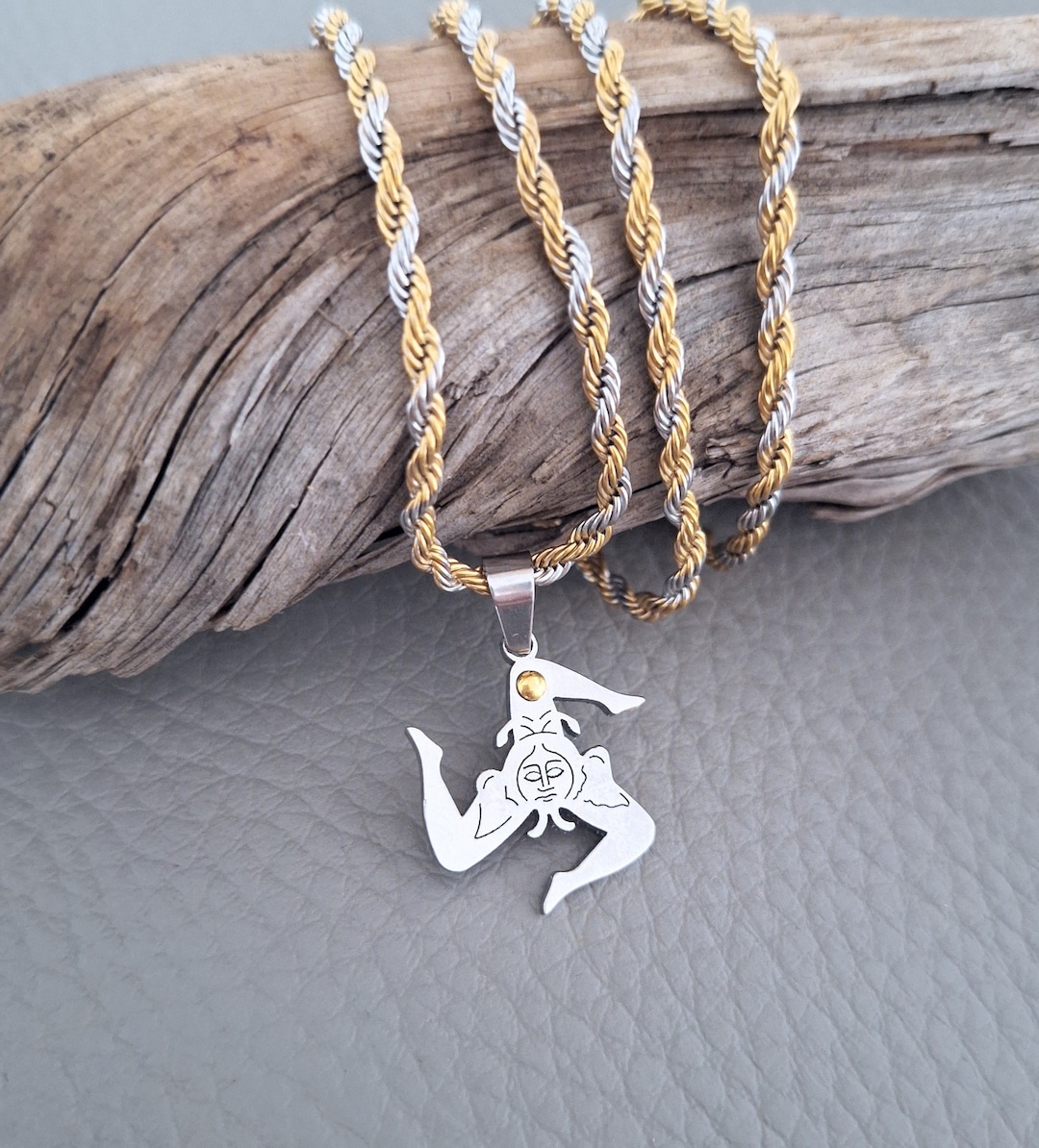 2 Tone Trinacria Necklace, Triskelion Sicilian Symbol Pendant, Steel ...
