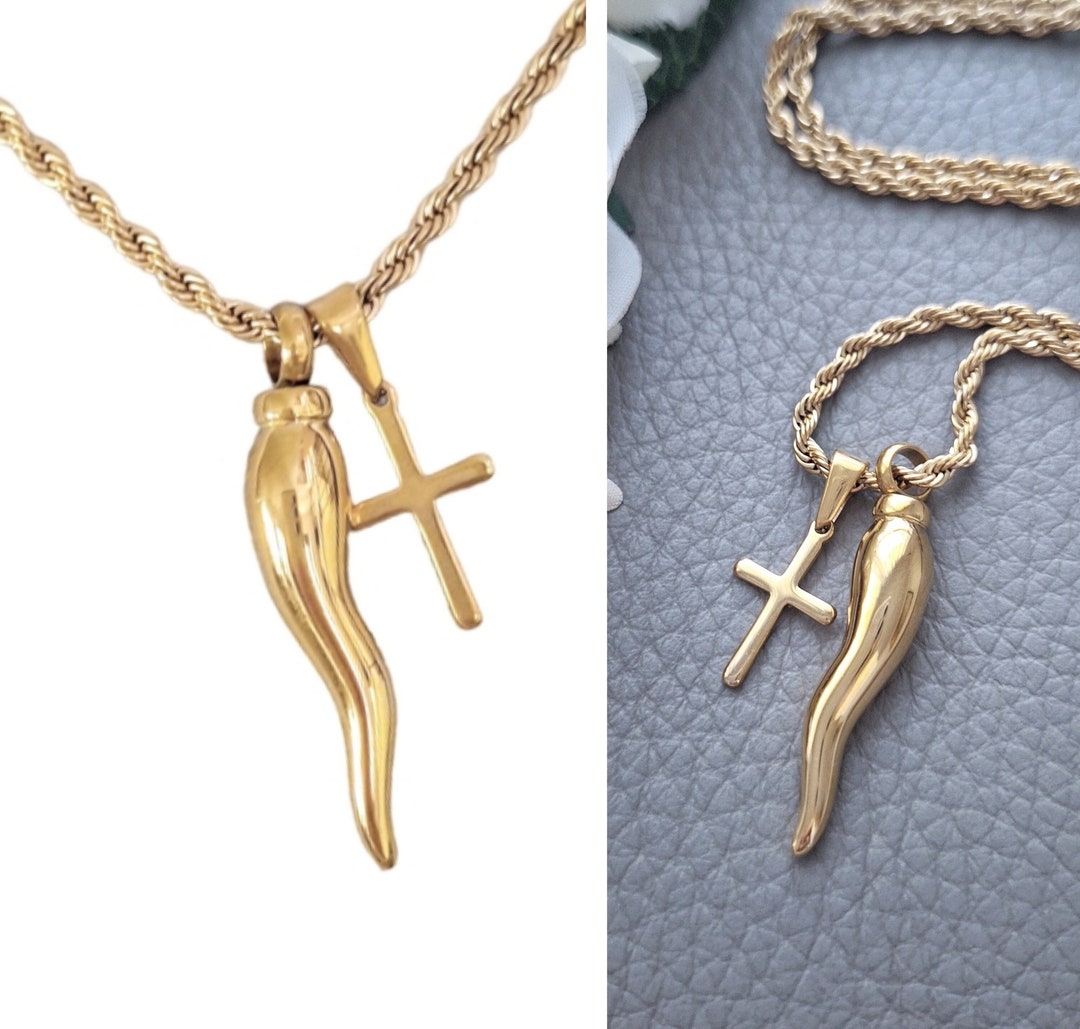 Urn Italian Horn Necklace, Cornicello Pendant, 3 Mm Twist Rope Chain ...