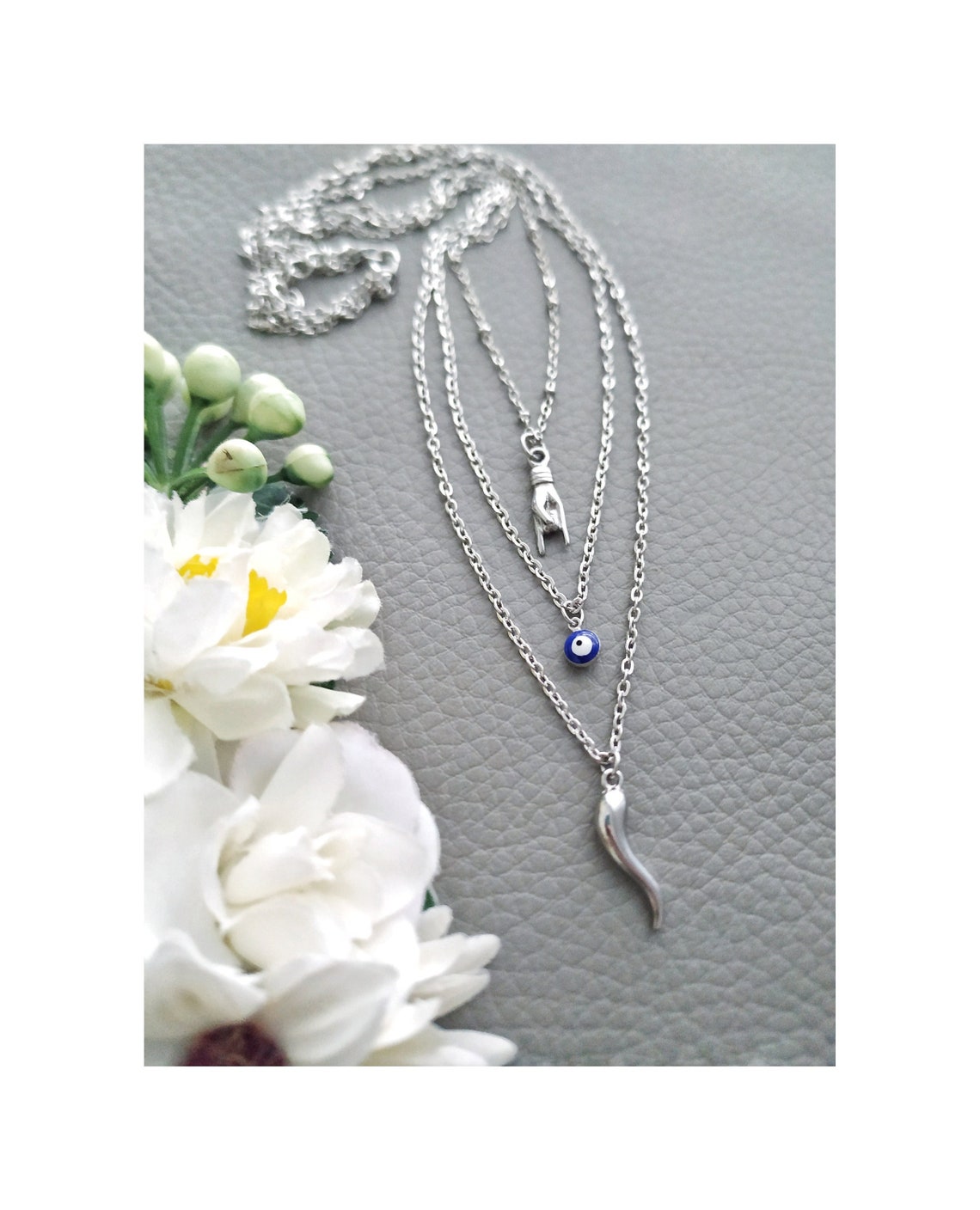 Layered Mano Cornuto Cornicello Malocchio Necklace | Etsy