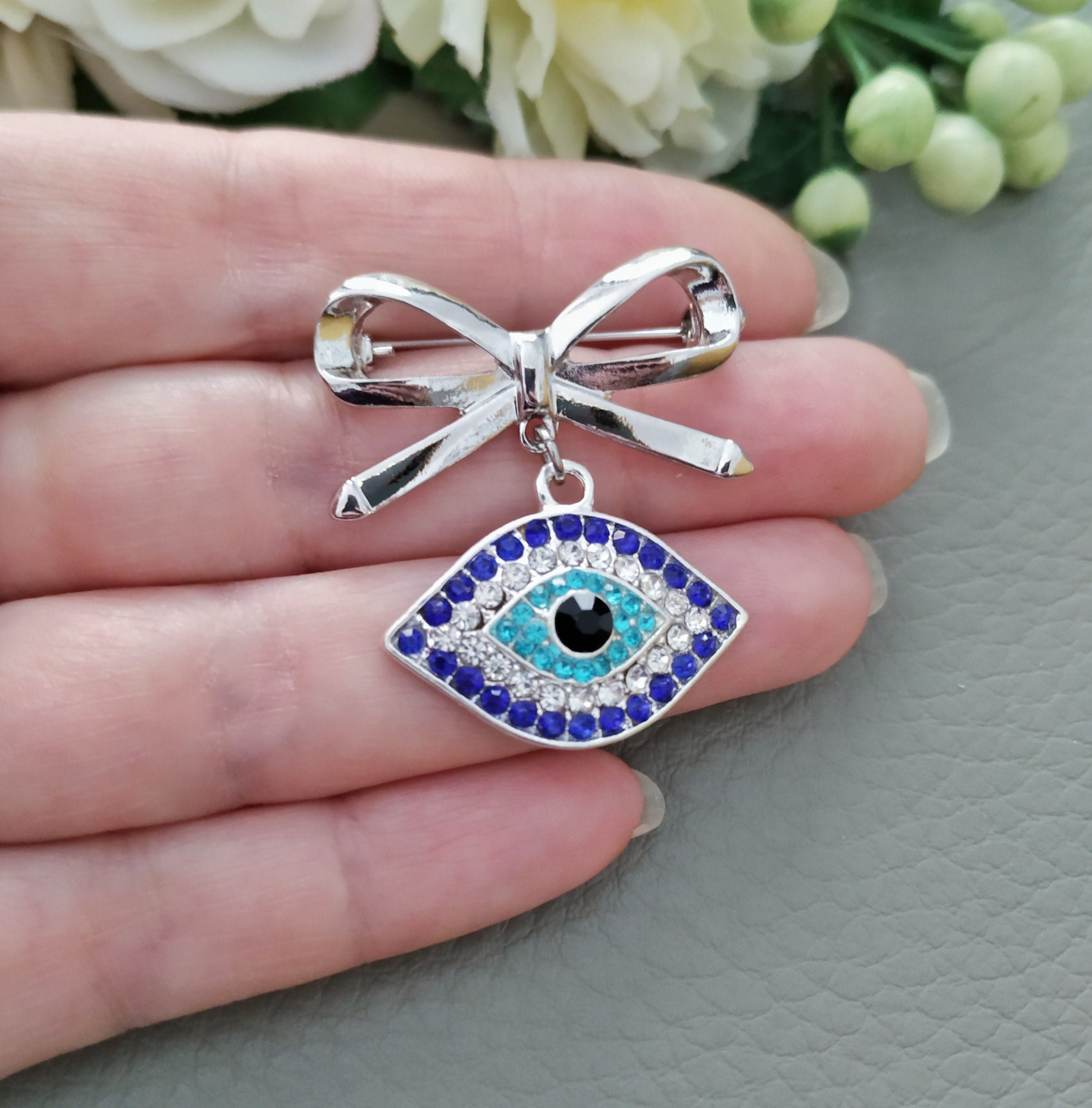 Bow Knot Silver Crystal Evil Eye Pin Brooch Blue Ojo Wedding | Etsy