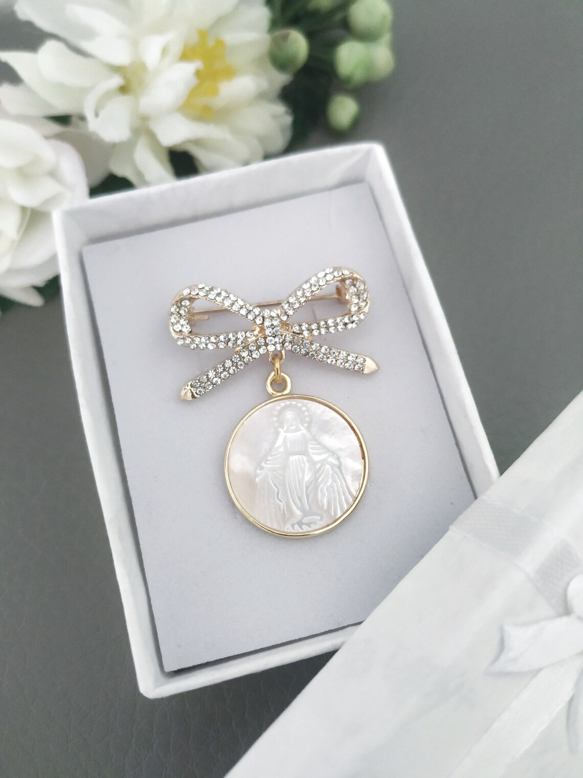 Gold Miraculous Medal Jewellery Pearl Virgin Mary Brooch Pin - Etsy
