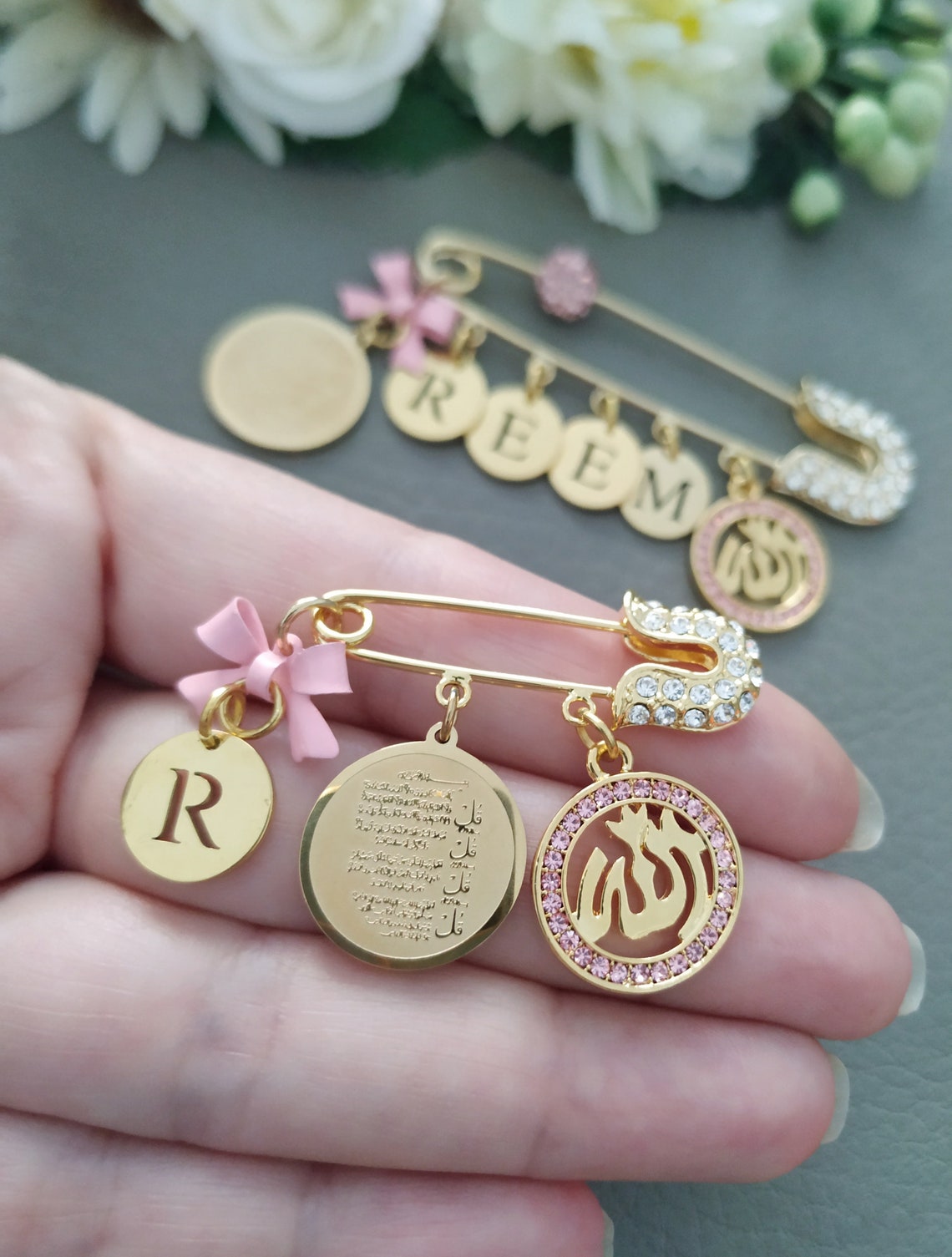Personalized Diamante Allah Ayatul Kursi 4 Qul Baby Pins | Etsy