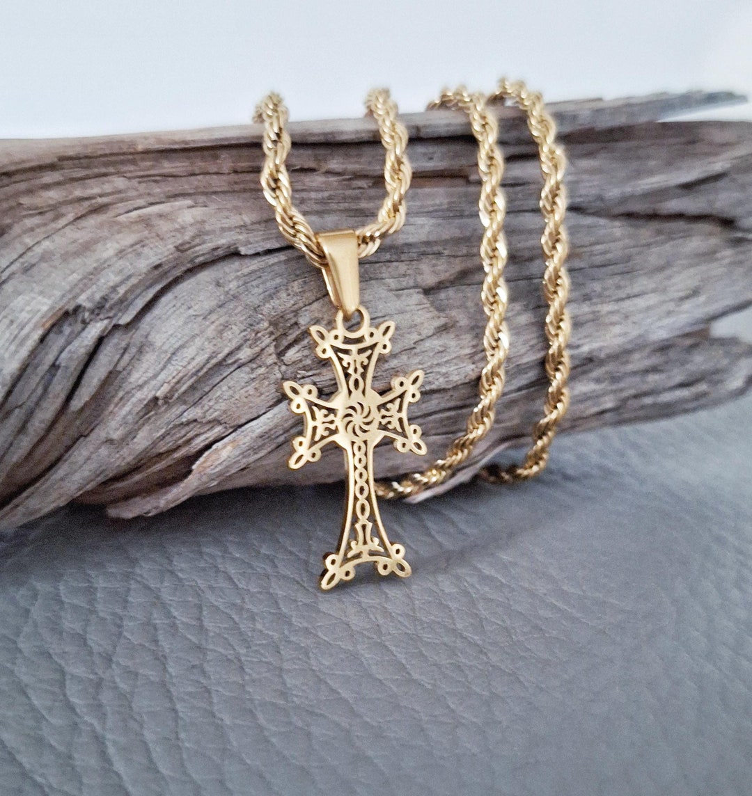 Armenian Khachkar Necklace, Gold Steel Cross Pendant, 3mm Rope Chain ...