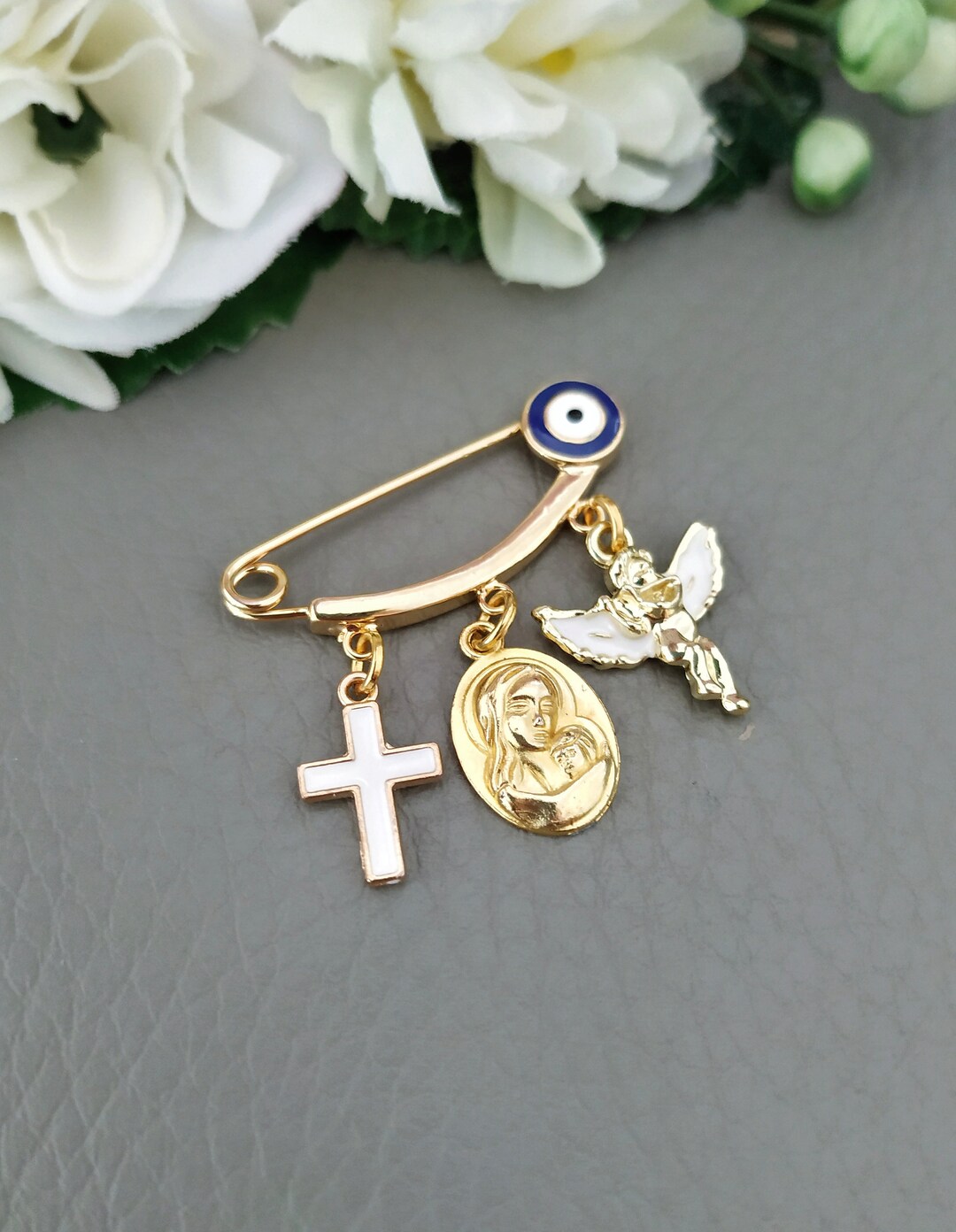 Baptism Gown Pin, Guardian Angel Brooch, Virgin Mary Jesus Gold ...