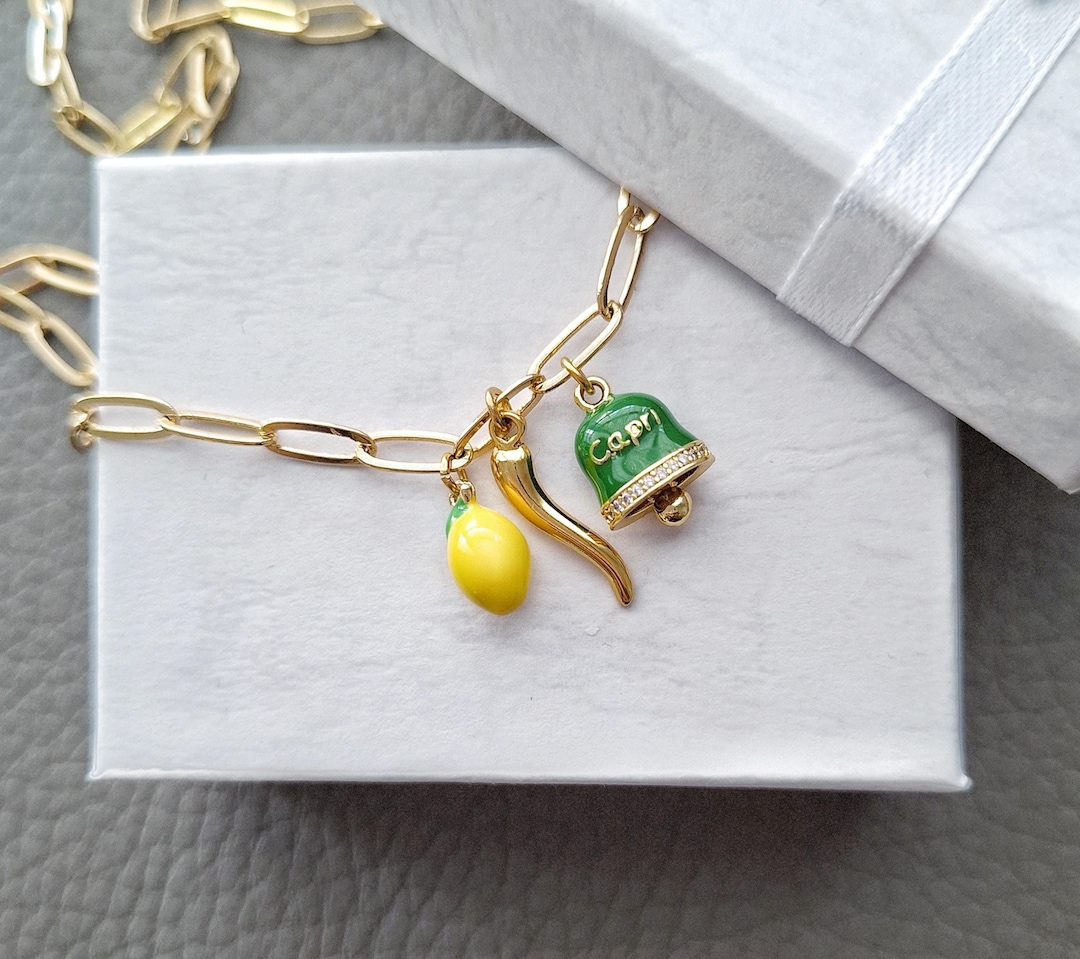 Golden Sorrento Lemon Necklace, Capri Bell Charm, Italy Lemons Jewelry ...