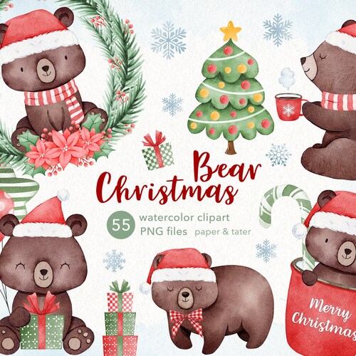 Watercolor Christmas Bear Clipart Cute Xmas Woodland Animals - Etsy