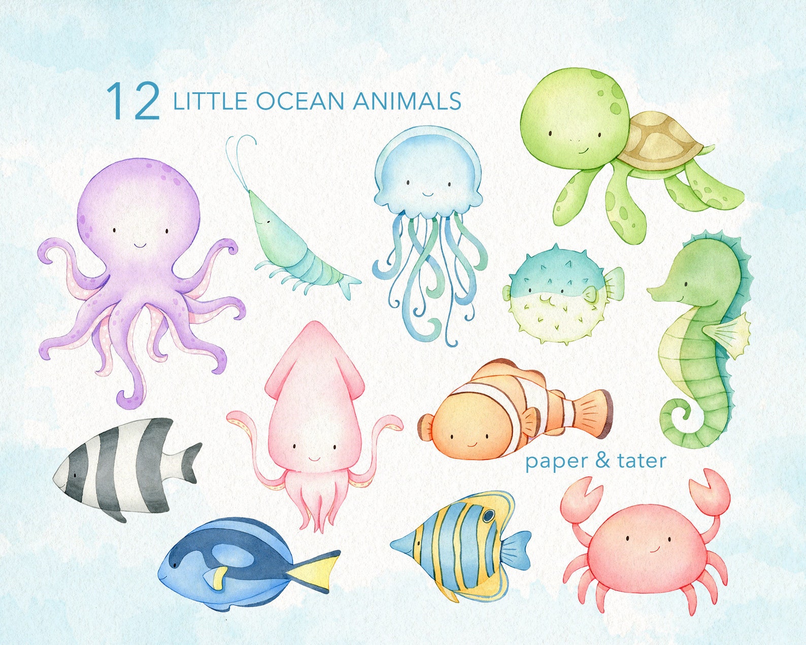 Watercolor Sea Animals Clipart Cute Ocean Baby Animals PNG - Etsy