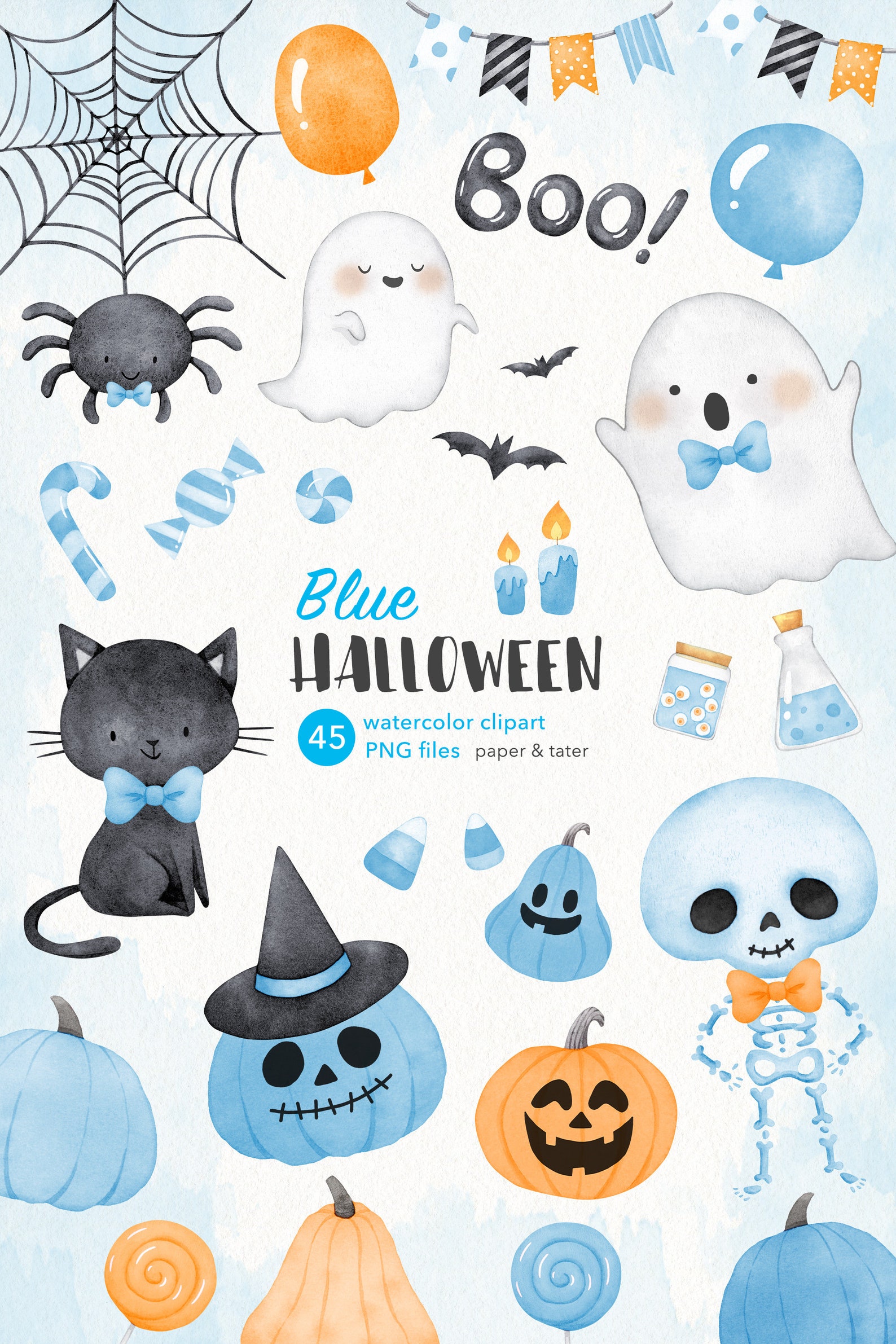 Blue Halloween Watercolor Clipart Cute Pastel Halloween Boy - Etsy