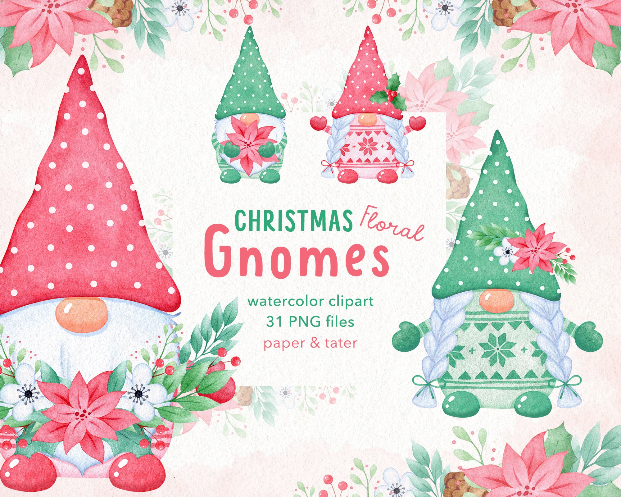 Watercolor Christmas Gnomes Floral Clipart Nordic Gnomes | Etsy