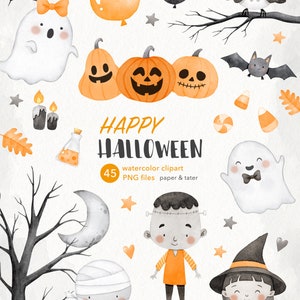 Happy Halloween Watercolor Clipart, Cute Halloween Monsters PNG - Etsy