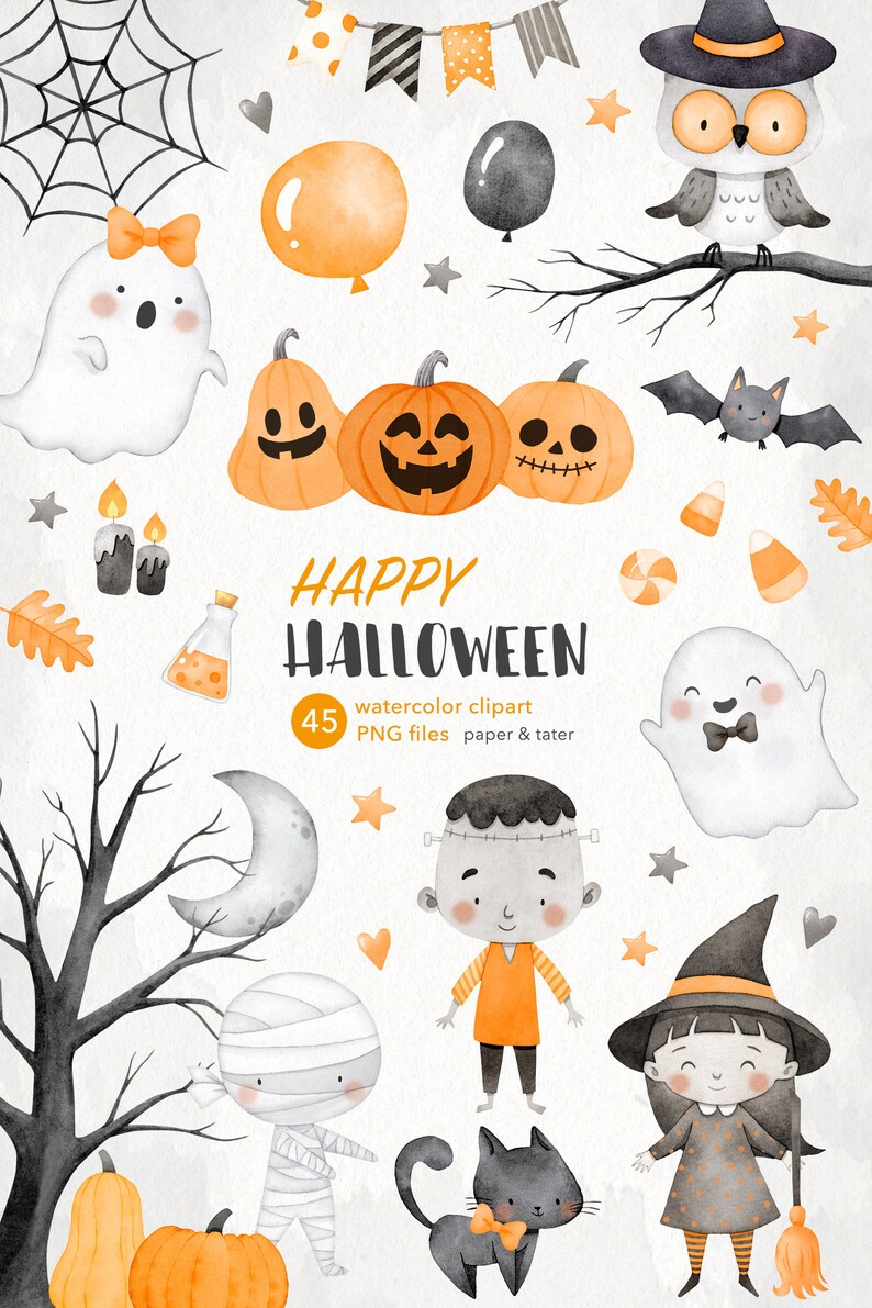 Happy Halloween Watercolor Clipart Cute Halloween Monsters - Etsy