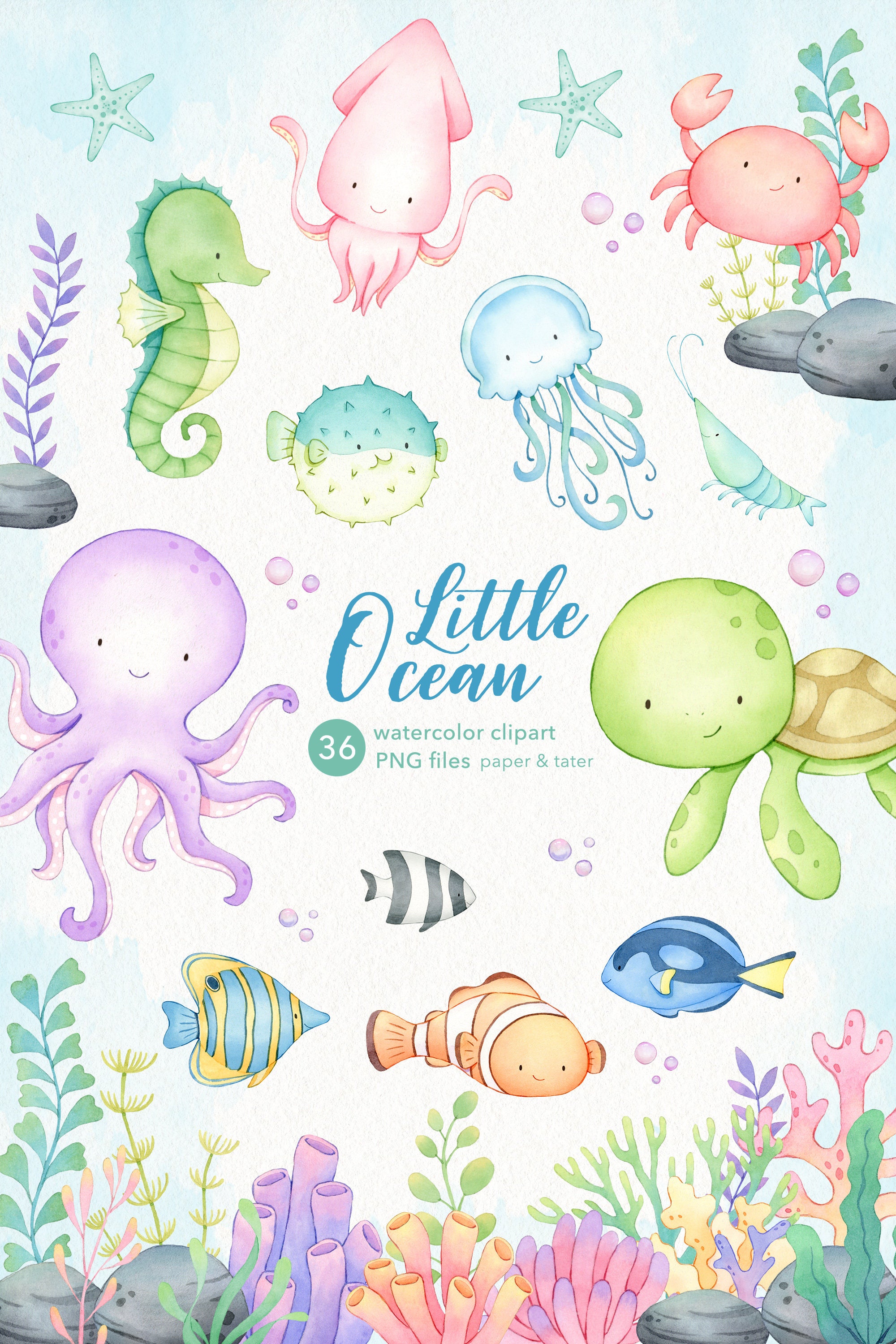 Watercolor Sea Animals Clipart Cute Ocean Baby Animals PNG - Etsy