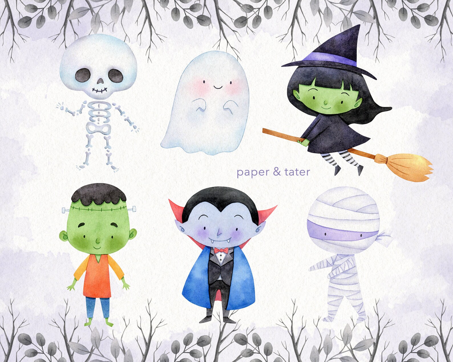 Watercolor Halloween Clipart Cute Monsters Witch Vampire - Etsy