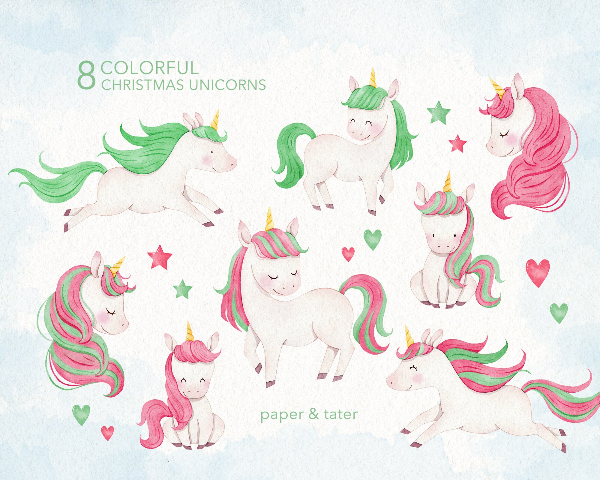 Watercolor Christmas Unicorns Clipart Magical Xmas Animals | Etsy