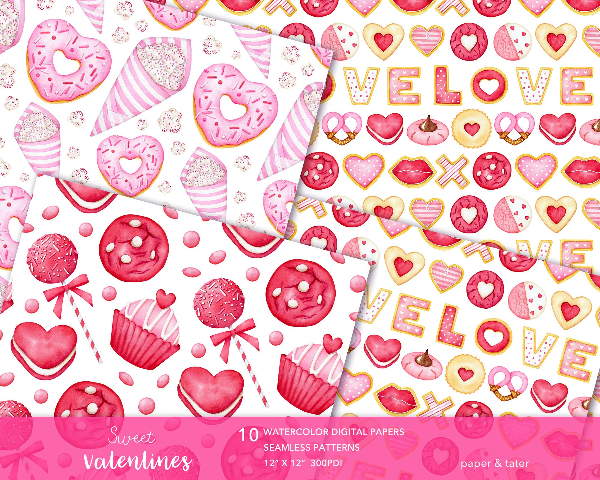 Watercolor Sweet Valentines Digital Papers Fabric Seamless | Etsy