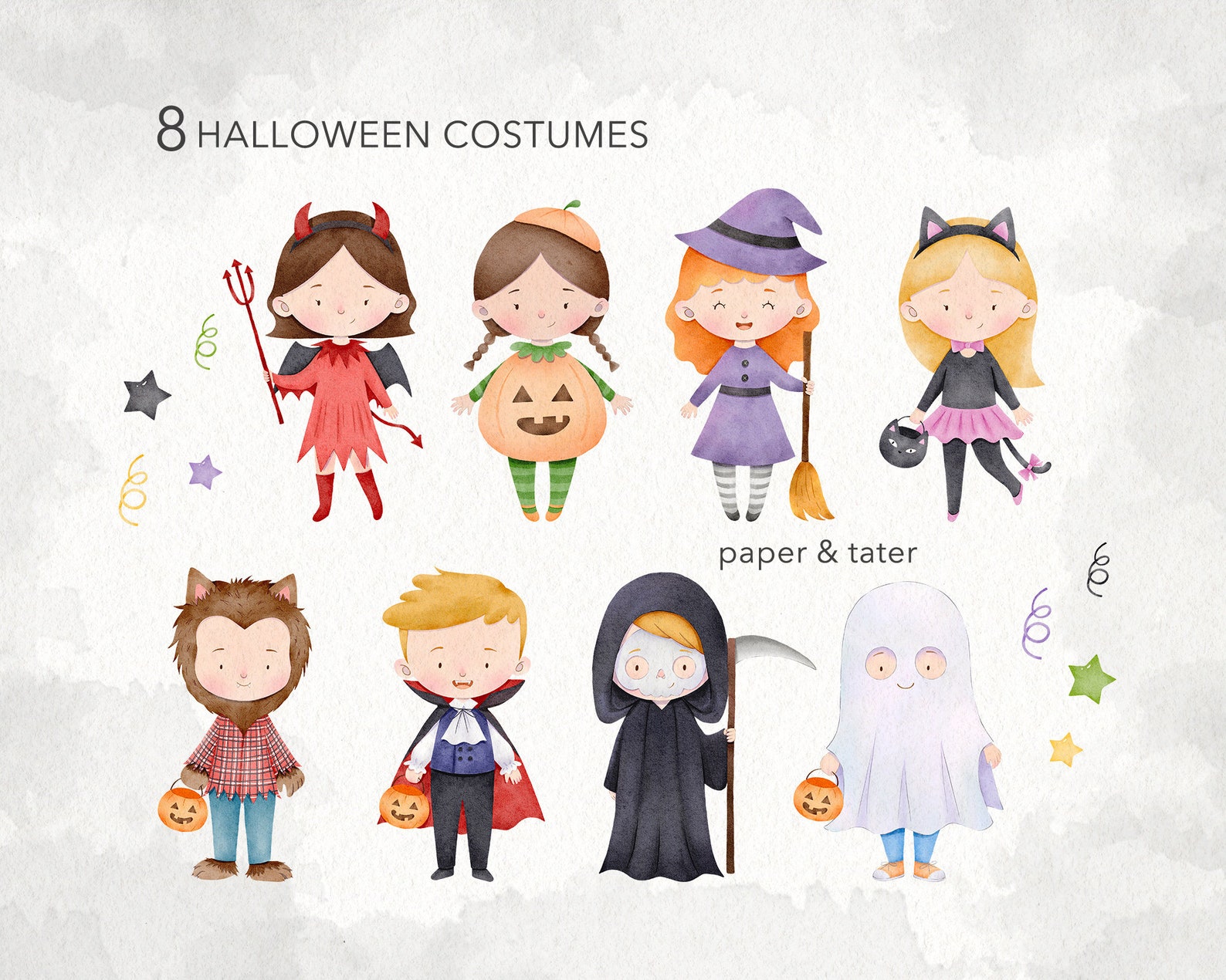 Trick or Treat Halloween Clipart Watercolor Halloween Costume - Etsy