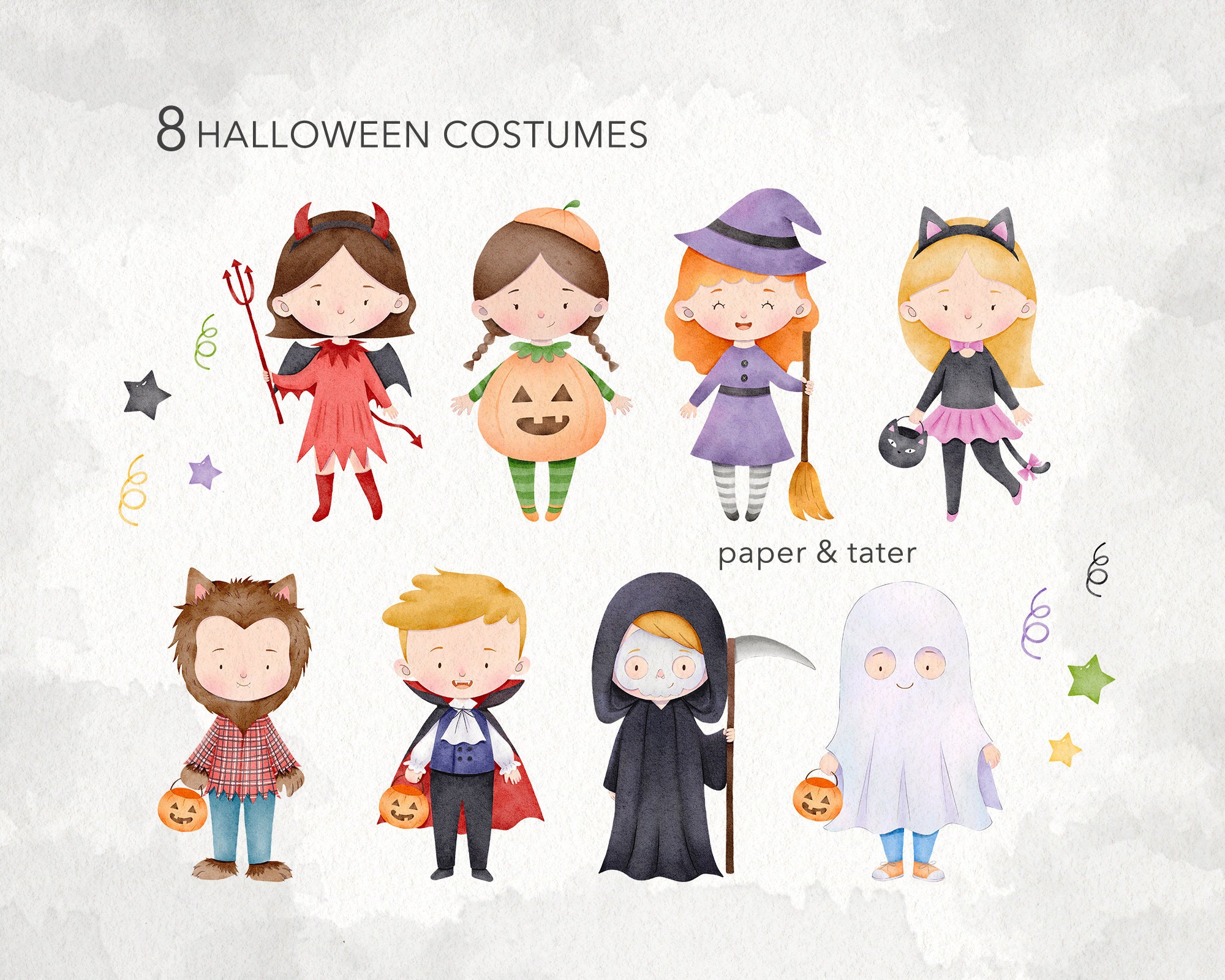 Trick or Treat Halloween Clipart Watercolor Halloween Costume - Etsy