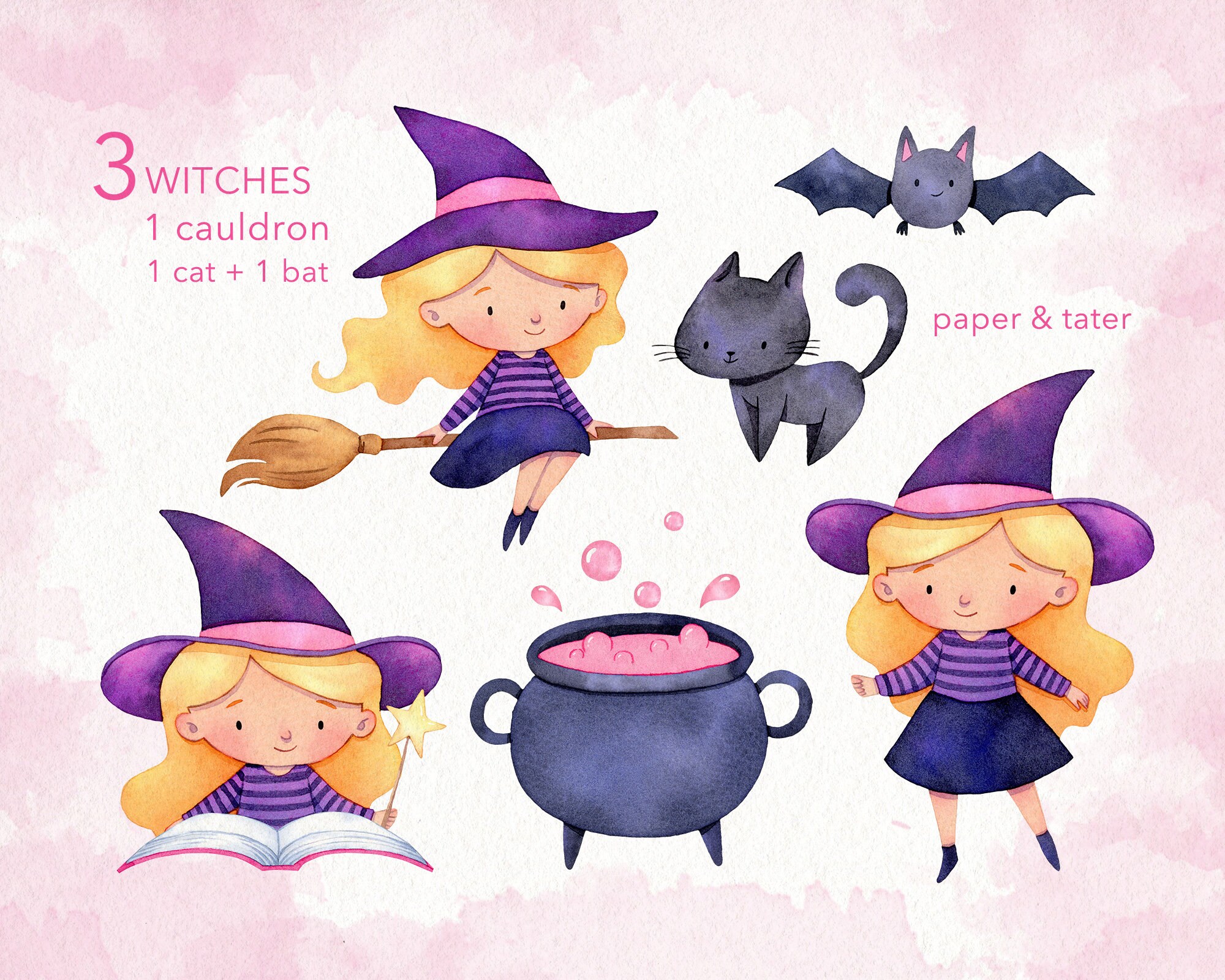 Pink Little Witch Watercolor Halloween Clipart Cauldron Love | Etsy