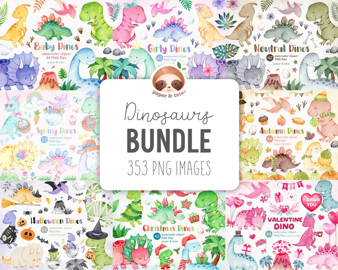 Watercolor Dinosaurs Clipart Bundle, Cute Holiday Baby Dino Clip Art ...