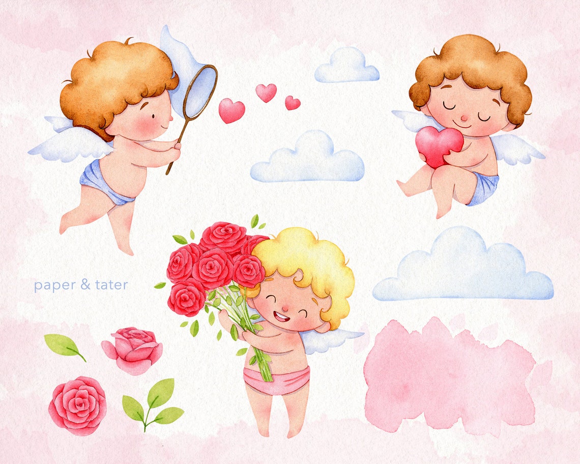 Watercolor Cupid Clipart Valentines Day Love Graphics Baby | Etsy