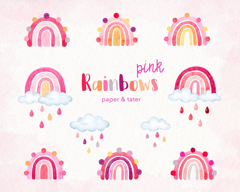 Watercolor Pink Valentine's Rainbow Clipart Graphic Boho | Etsy