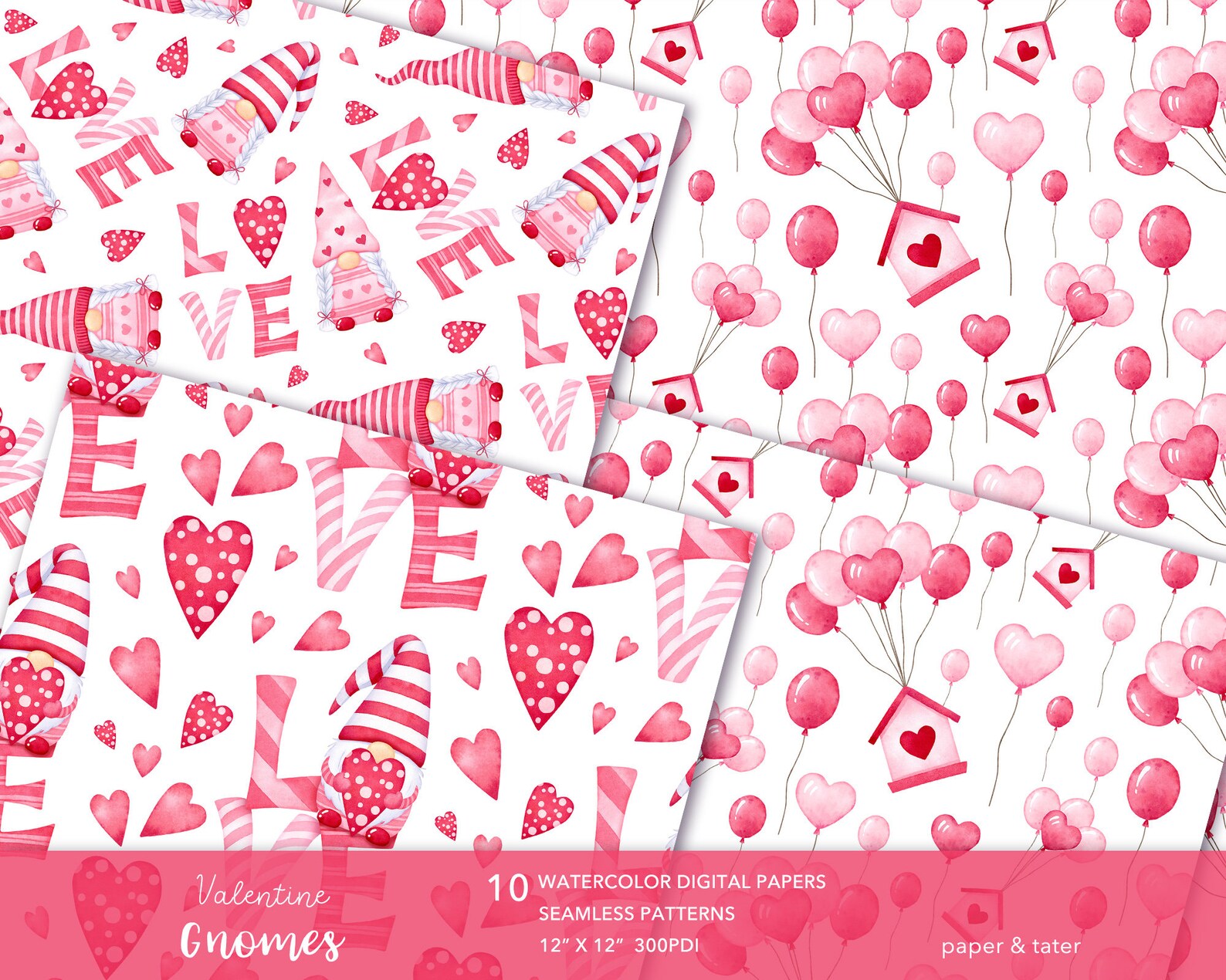 Watercolor Valentine Gnomes Digital Papers Fabric Seamless | Etsy