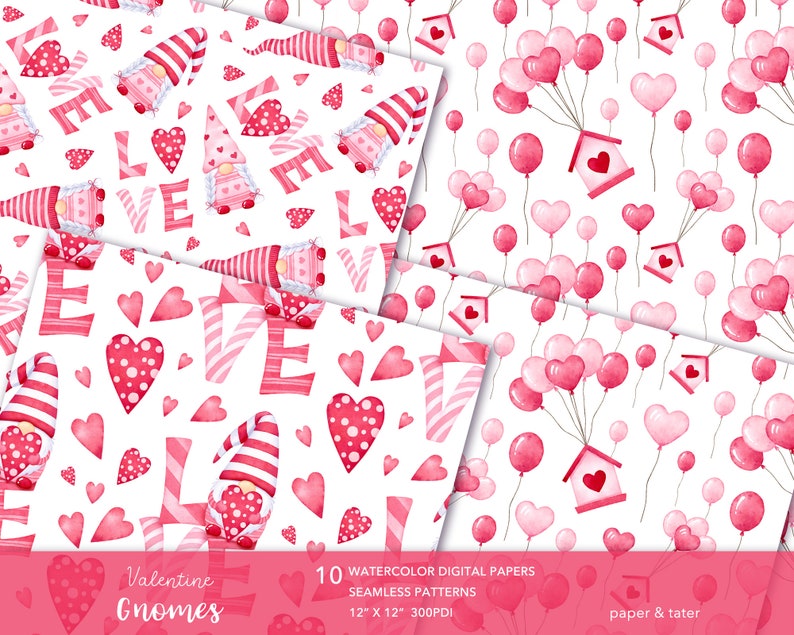 Watercolor Valentine Gnomes Digital Papers Fabric Seamless | Etsy