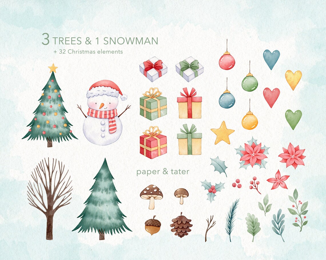 Woodland Christmas Watercolor Clipart Cute Xmas Animals PNG - Etsy