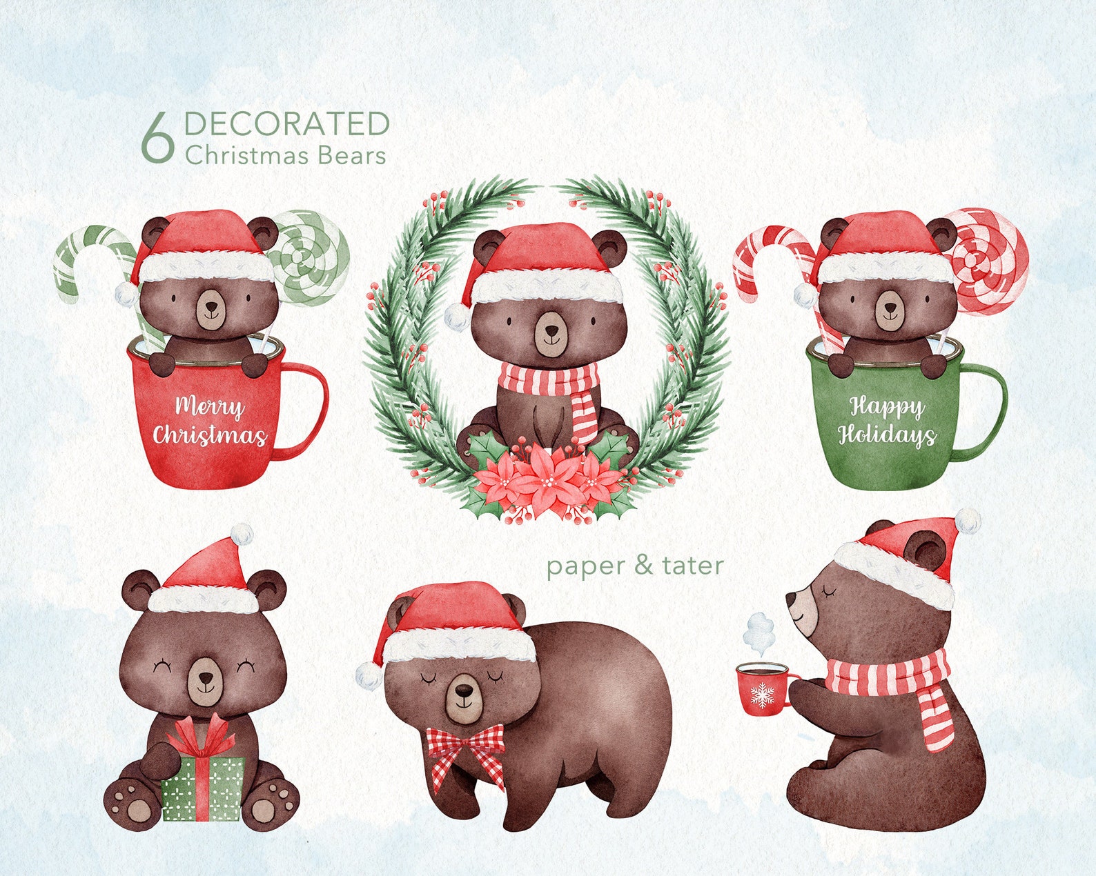Watercolor Christmas Bear Clipart Cute Xmas Woodland Animals - Etsy