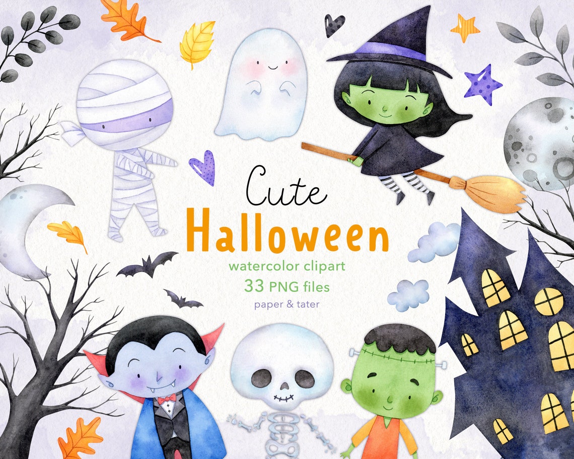 Watercolor Halloween Clipart Cute Monsters Witch Vampire - Etsy