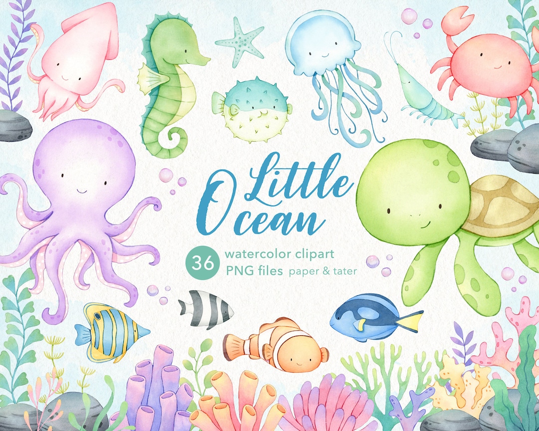Watercolor Sea Animals Clipart, Cute Ocean Baby Animals PNG - Etsy