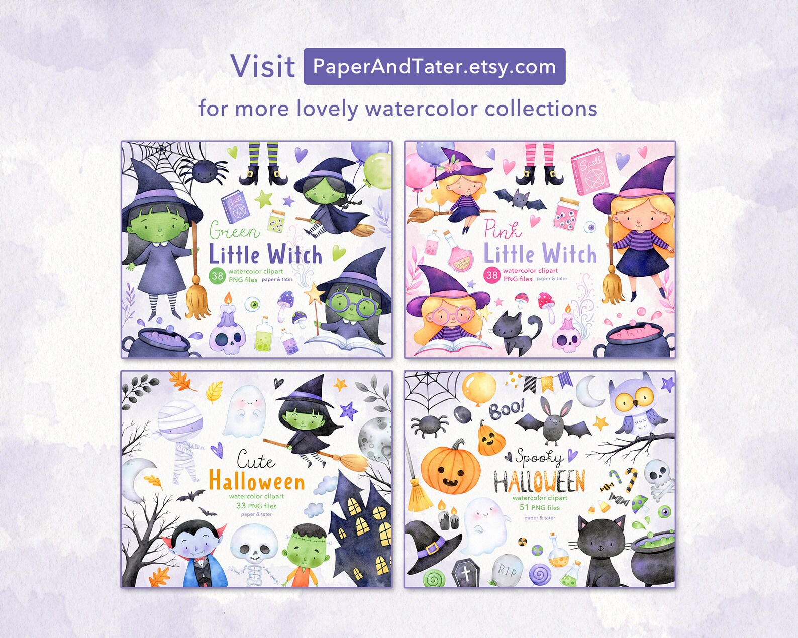 Pink Little Witch Watercolor Halloween Clipart Cauldron Love - Etsy