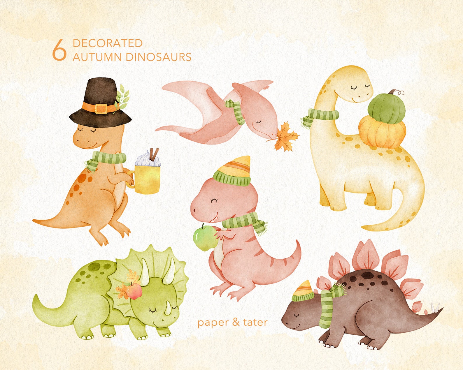 Watercolor Autumn Dinosaur Clipart Fall Dino Clip Art - Etsy