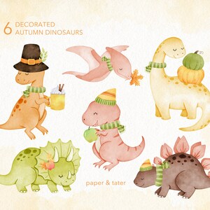 Watercolor Autumn Dinosaur Clipart, Fall Dino Clip Art, Thanksgiving ...