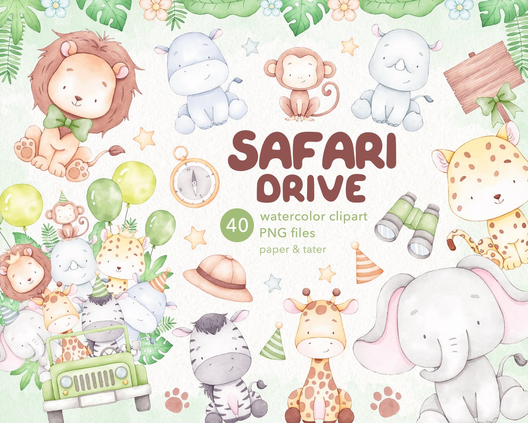 Safari Drive Watercolor Baby Animals Clipart, African Wild Animal PNG ...