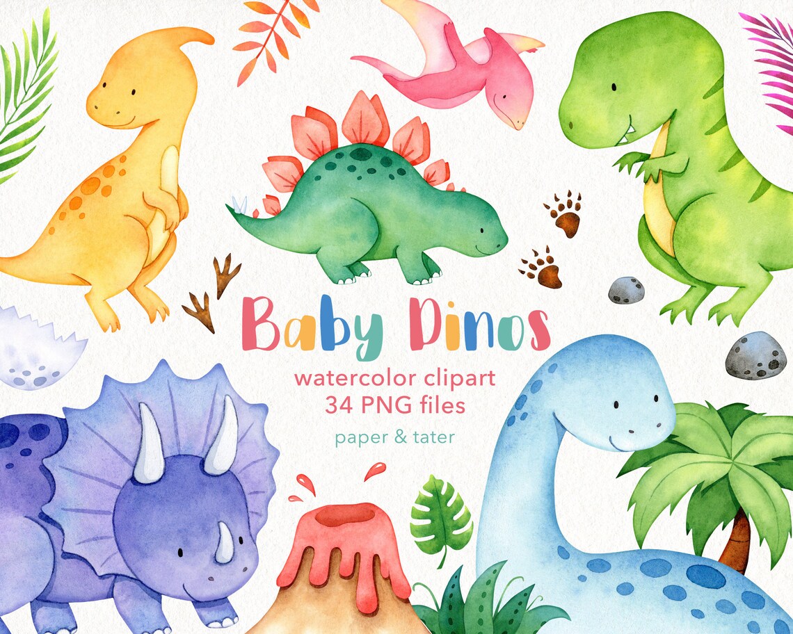 Watercolor Baby Dinosaur Clipart Graphics Dino Clip Art T - Etsy