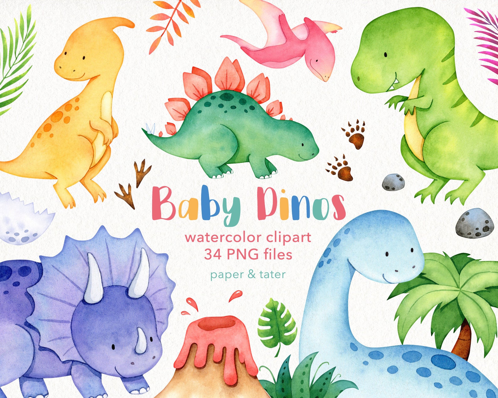 Watercolor Baby Dinosaur Clipart Graphics Dino Clip Art T - Etsy