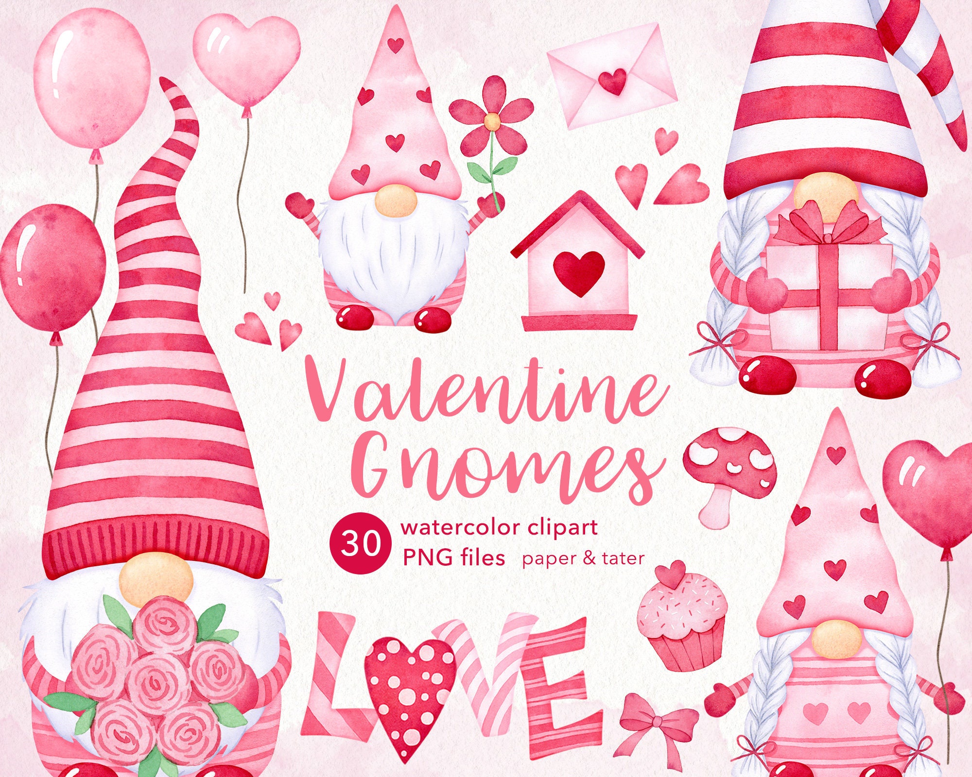 Watercolor Valentine Gnomes Clipart Graphics Nordic Gnomes | Etsy