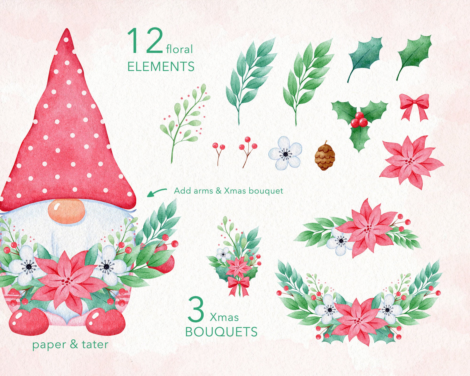 Watercolor Christmas Gnomes Floral Clipart Nordic Gnomes | Etsy