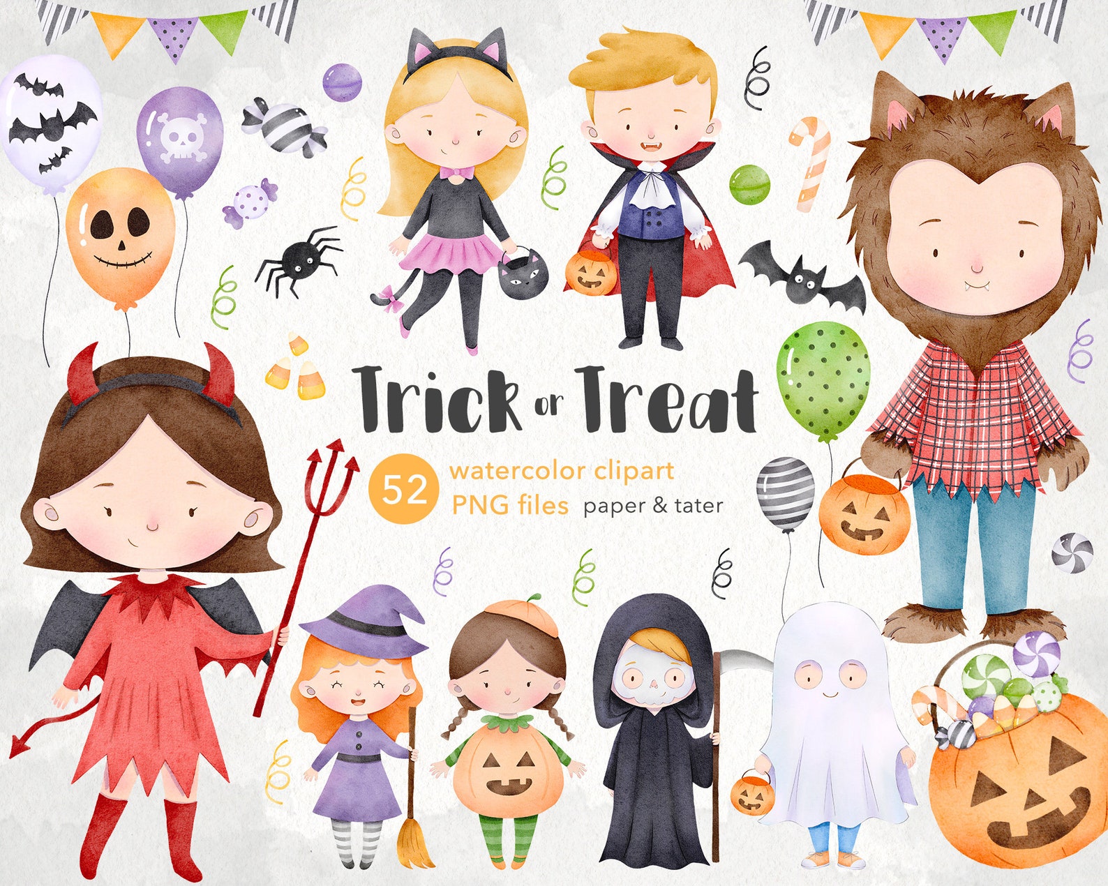 Trick or Treat Halloween Clipart Watercolor Halloween Costume - Etsy